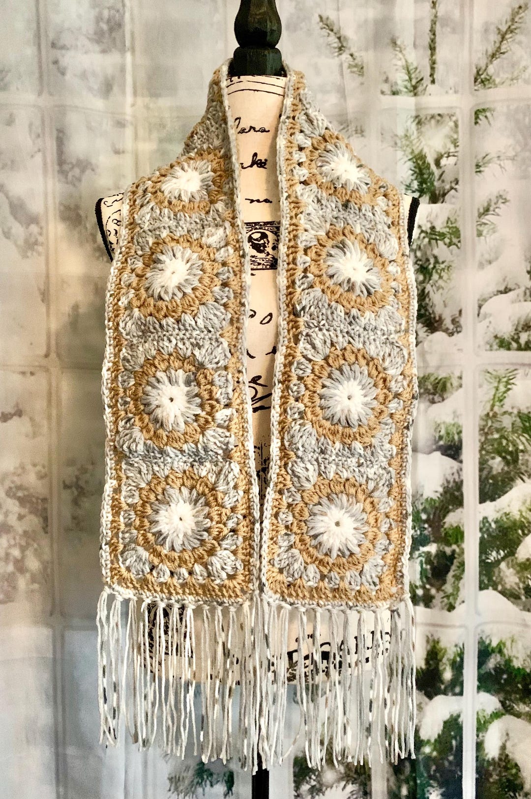 Hand Crocheted Sunburst Scarf - Gray, Brown & White Winter Wear - Etsy