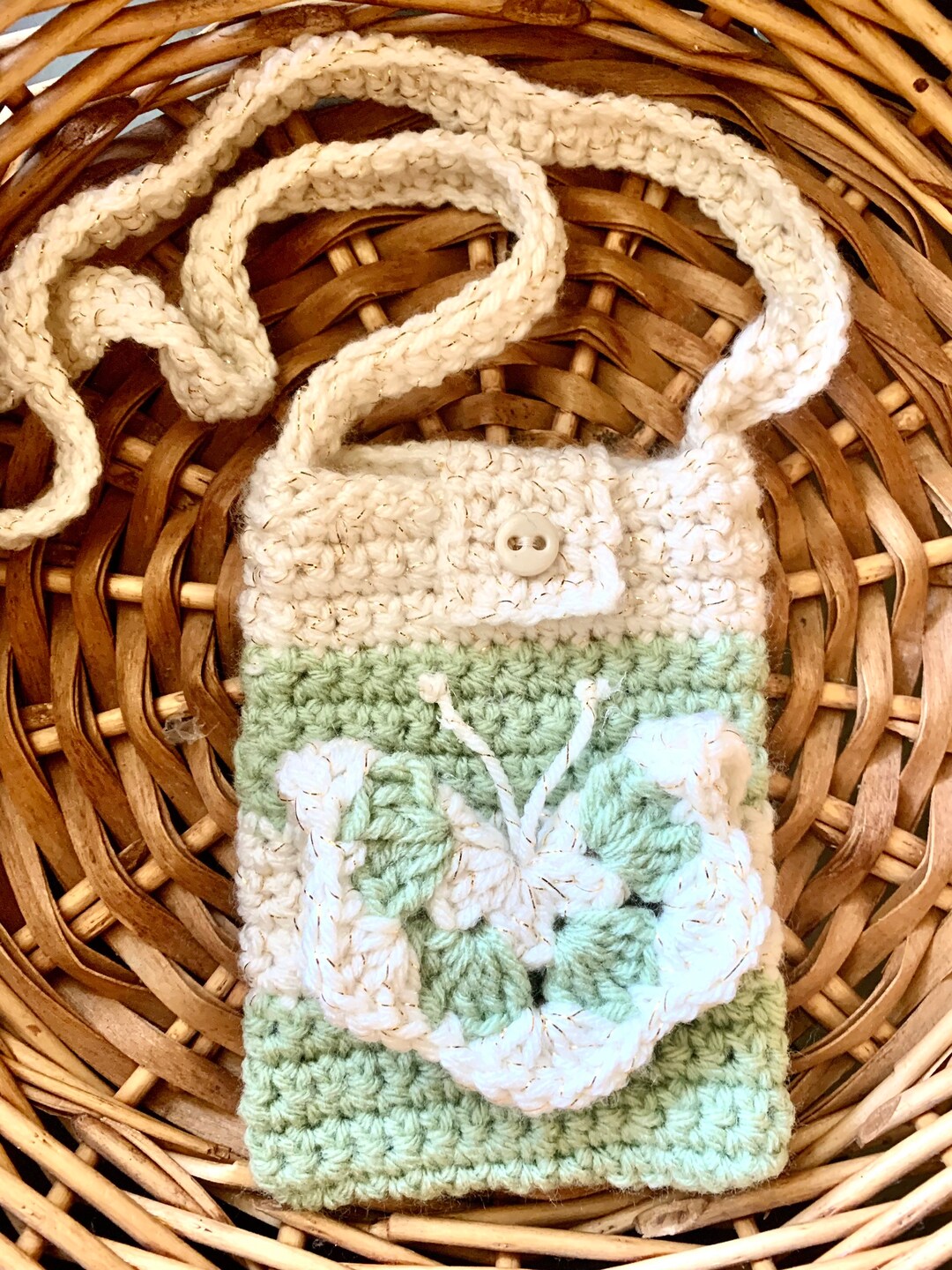 Crocheted Cell Phone Purse With 3D Butterfly – Celery Green & Cream - Etsy