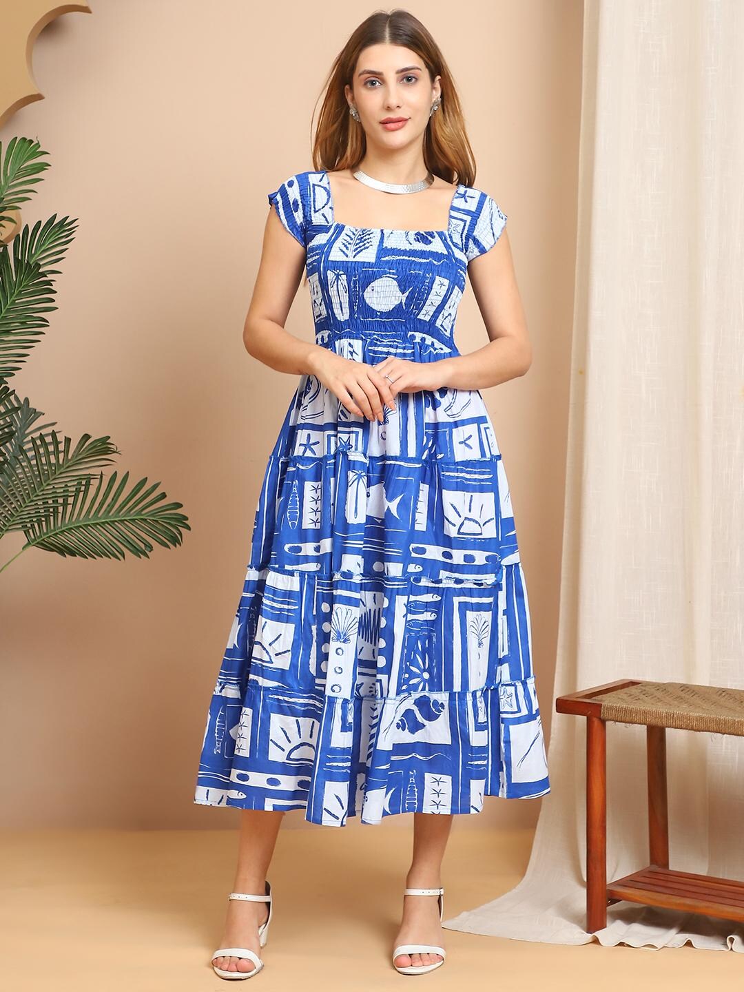 Smocked Bodice Cotton Chic Blue Bolly Printed Maxi Dress With Cap ...