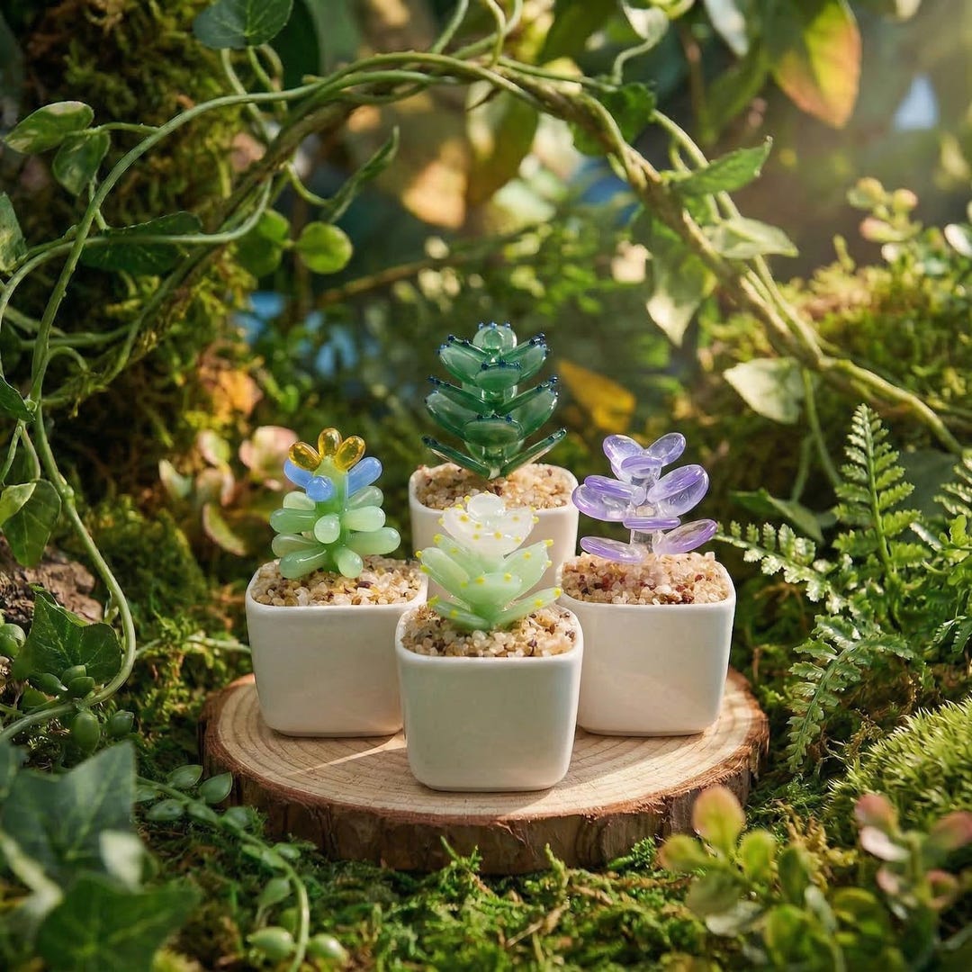 Glass Cactus Figurine, Hand Blown Plant, Handmade Glass Potted Plants ...