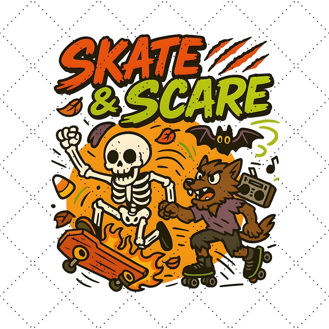 Skate & Scare Halloween PNG, Funny Skeleton and Werewolf on Skates PNG ...