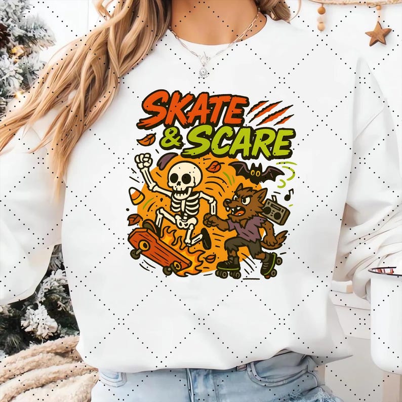 Skate & Scare Halloween PNG, Funny Skeleton and Werewolf on Skates PNG ...