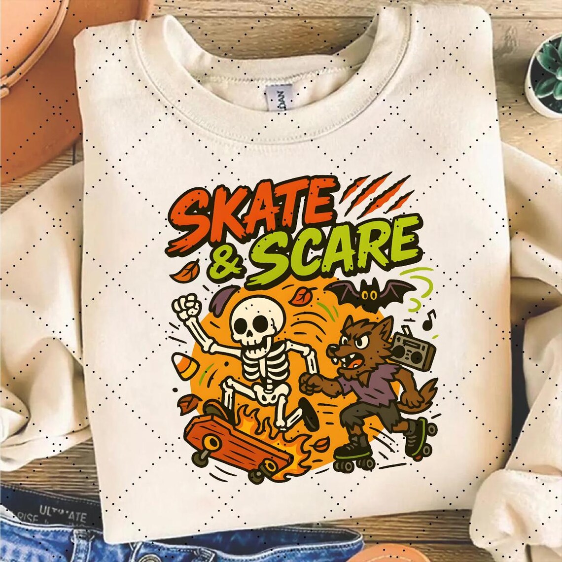 Skate & Scare Halloween PNG, Funny Skeleton and Werewolf on Skates PNG ...