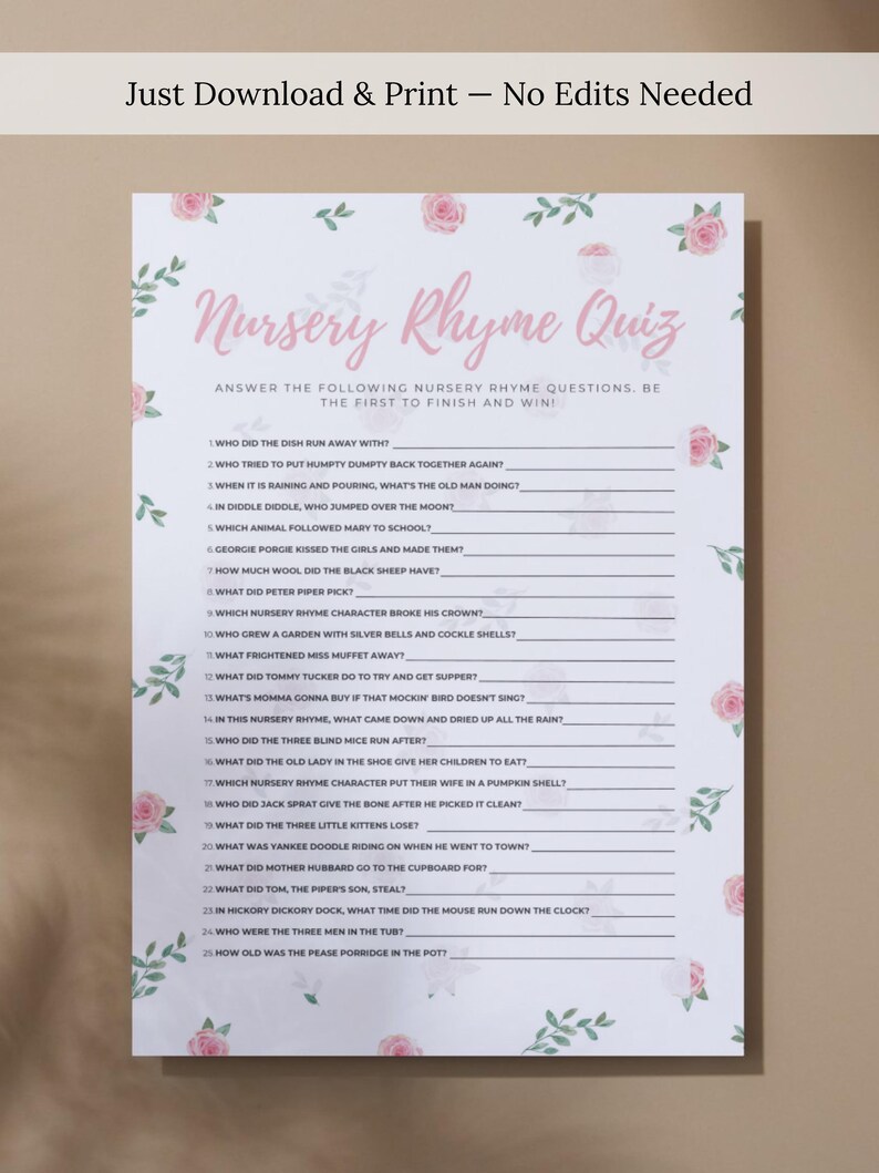 Nursery Rhyme Quiz Digital Download Baby Shower Game Printable - Etsy