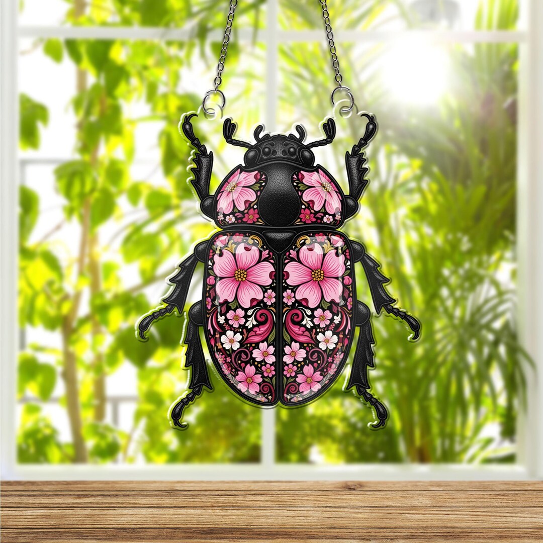 Beetle Suncatcher: Floral Insect Window Hanging With Pink Blossoms - Etsy