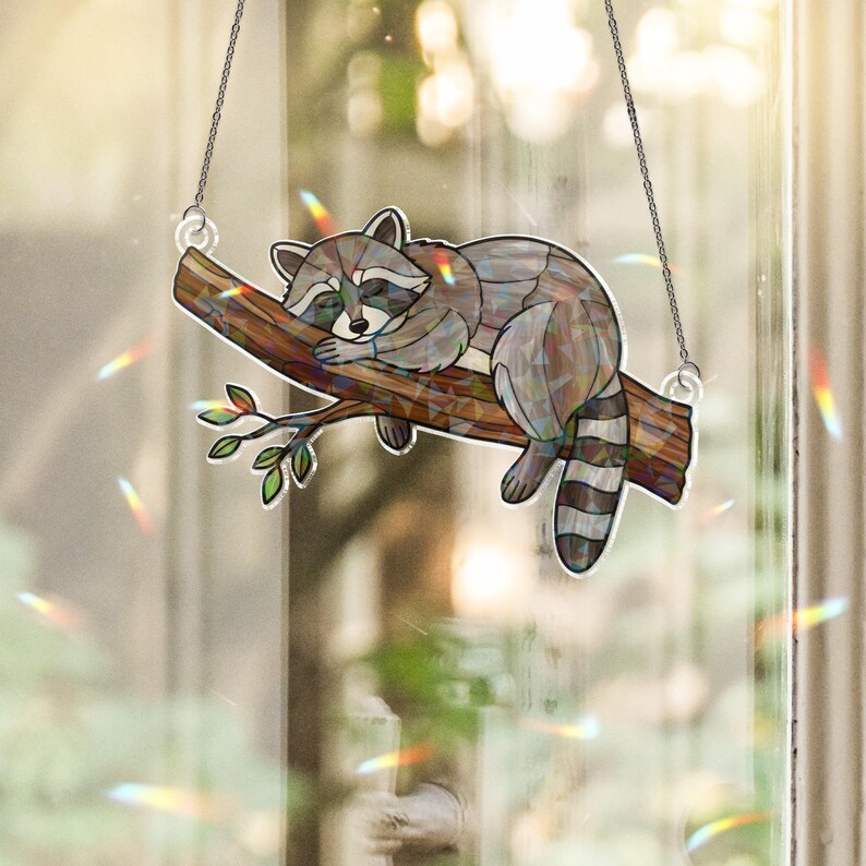 Faux Stained Glass Raccoon Window Hanging: Sleeping Raccoon on Tree ...