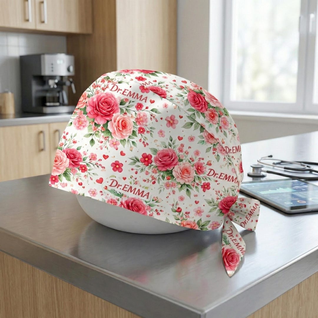 Personalized Floral Scrub Cap, Custom Name Medical Hat, Rose Pattern ...