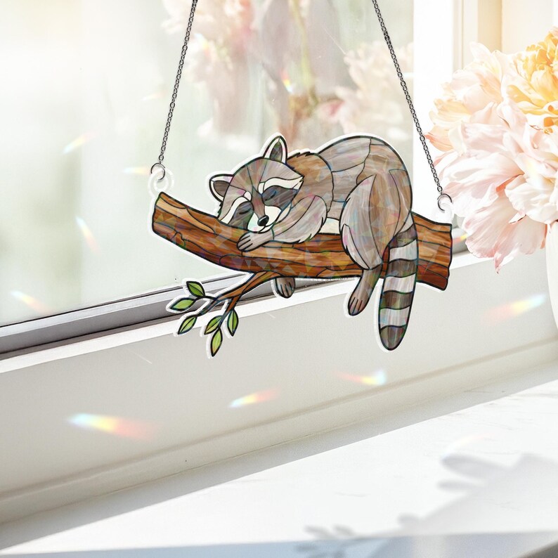 Faux Stained Glass Raccoon Window Hanging: Sleeping Raccoon on Tree ...