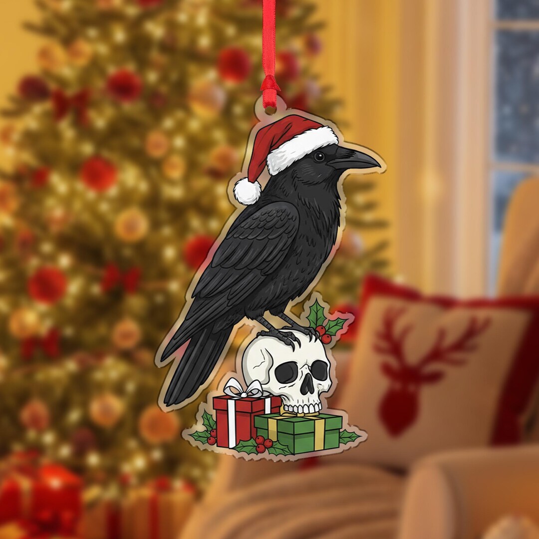 Christmas Raven Ornament With Santa Hat, Skull and Gothic Holiday Tree ...