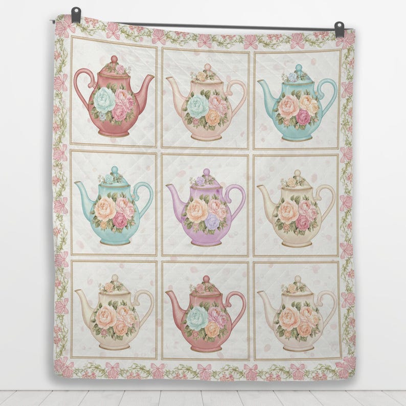 Floral Teapot Quilt Blanket: Pastel Patchwork Tea Theme Sofa or Bed ...