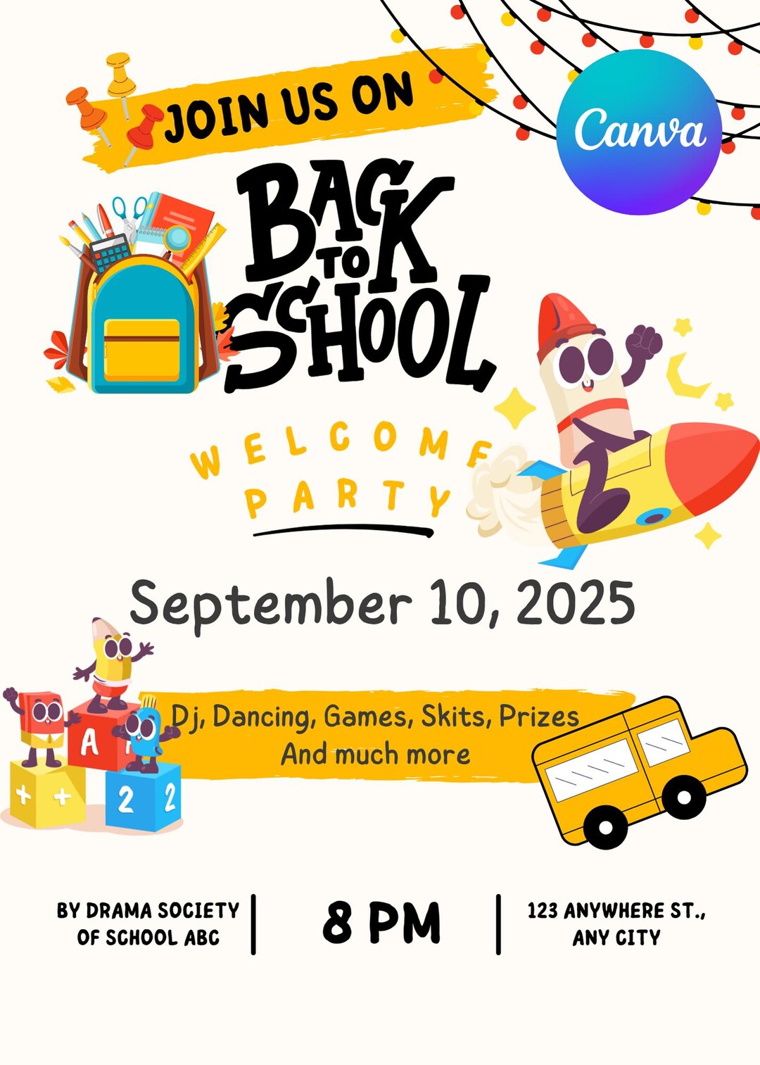 Back to School Bash Flyer: DIY Invitation Template (5x7 Inches, Canva ...