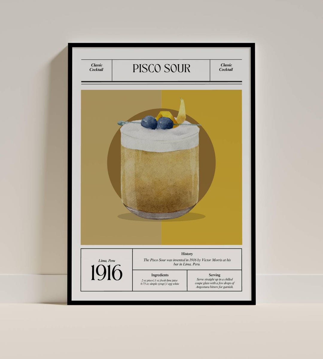 Pisco Sour Poster | Cocktail Wall Art Print | Kitchen Bedroom Bar Decor ...