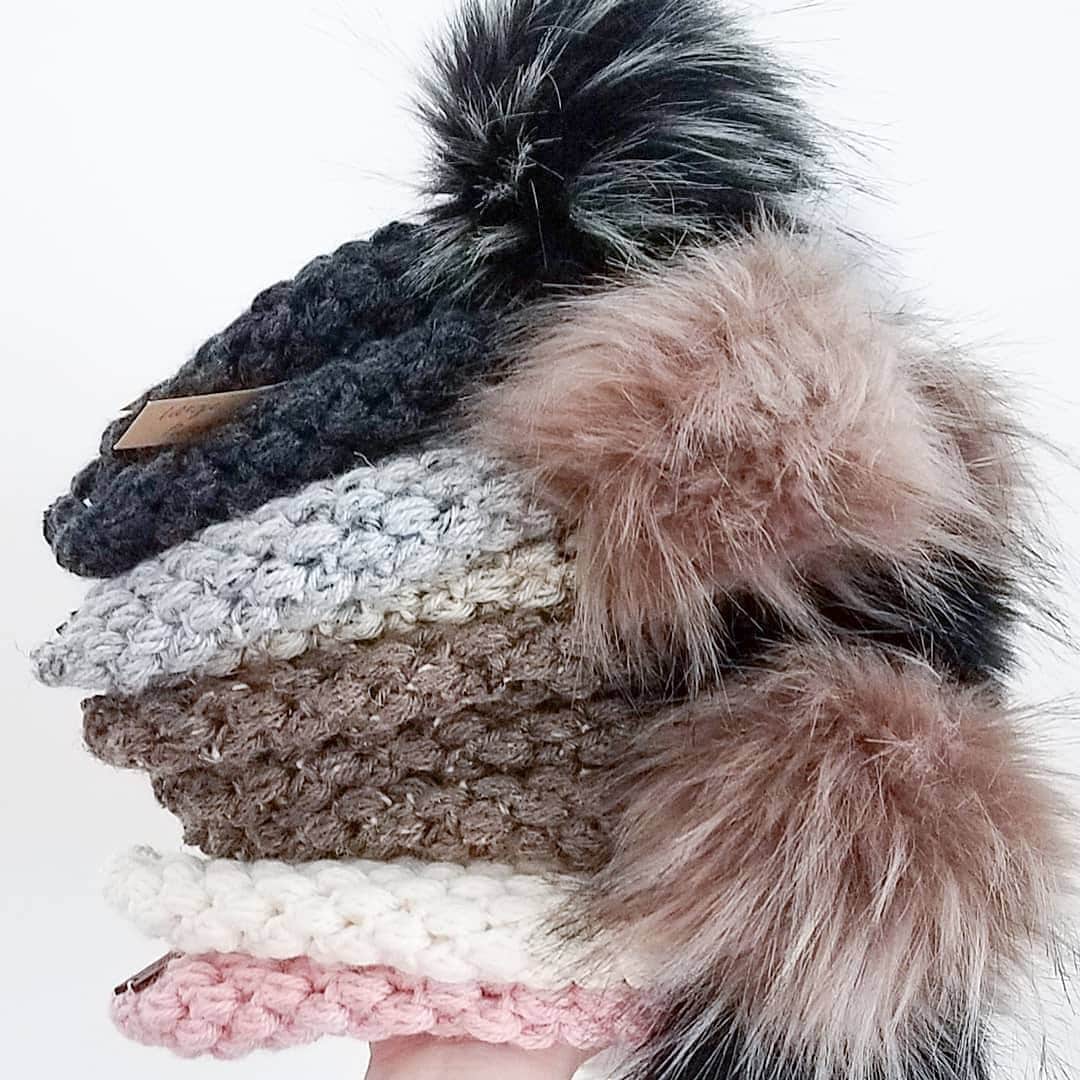 Custom Puff Stitch Beanie Hat With Faux Fur Pompom Adult Women Sizes ...