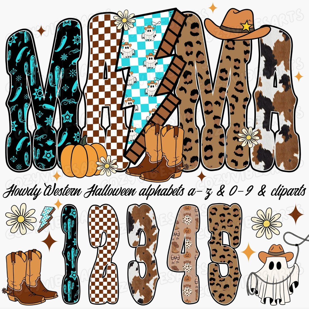 Spooky Western Alphabet: Cowprint & Leopard Letters, Cowgirl Ghost ...