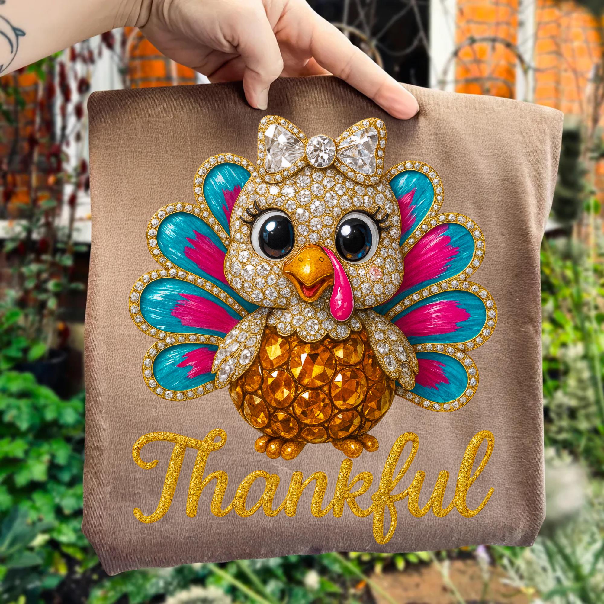 Faux Rhinestone Thankful Turkey PNG Coquette Preppy Fall Design Pink ...