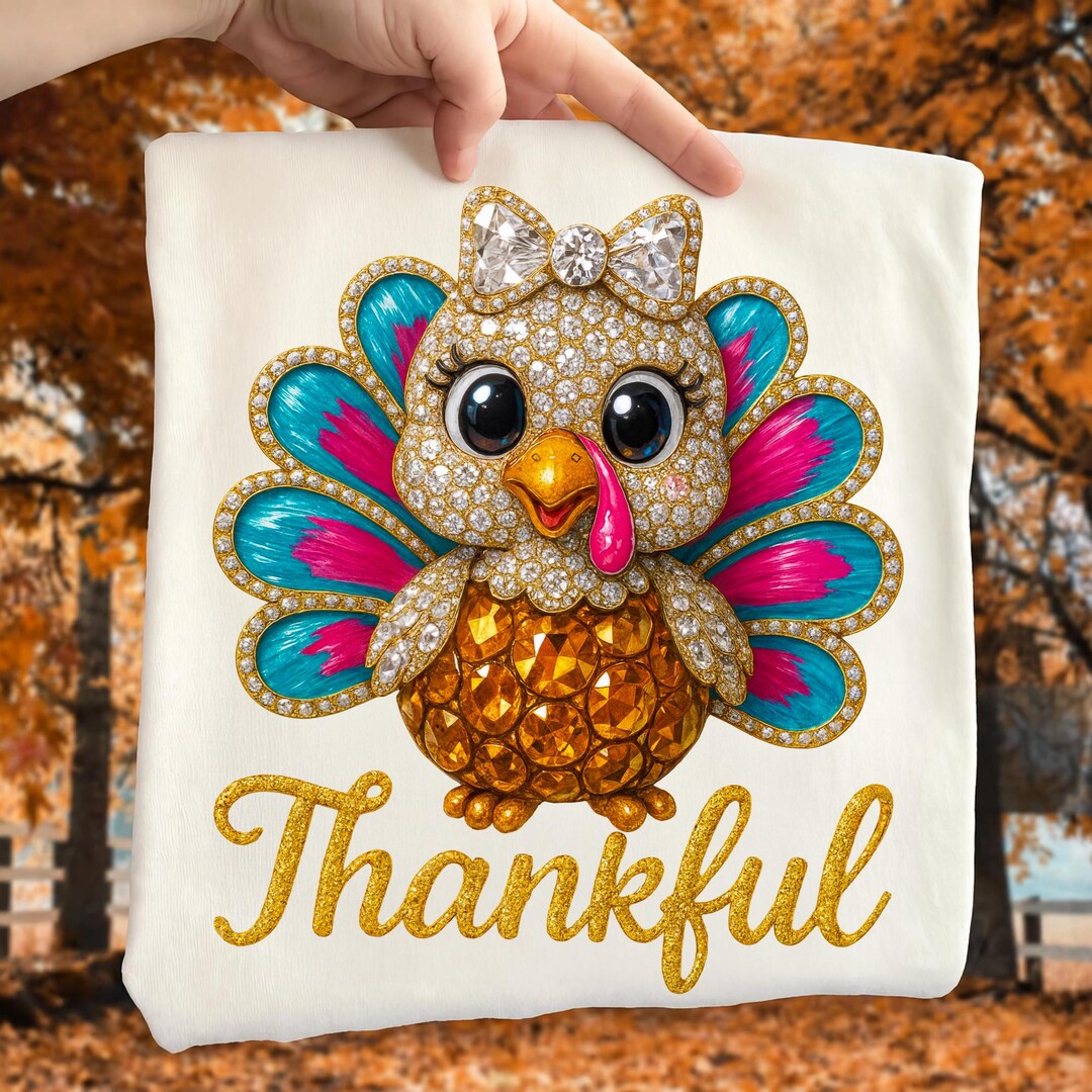 Faux Rhinestone Thankful Turkey PNG Coquette Preppy Fall Design Pink ...