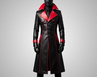 Gothic Vampire Leather Trench Coat: Black & Red Steampunk Cosplay - Etsy