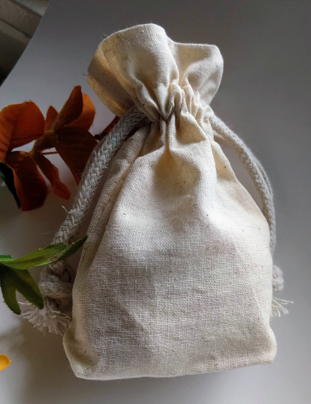Natural Cotton Muslin Drawstring Bag, Flat Gusset Base Rope Cords ...