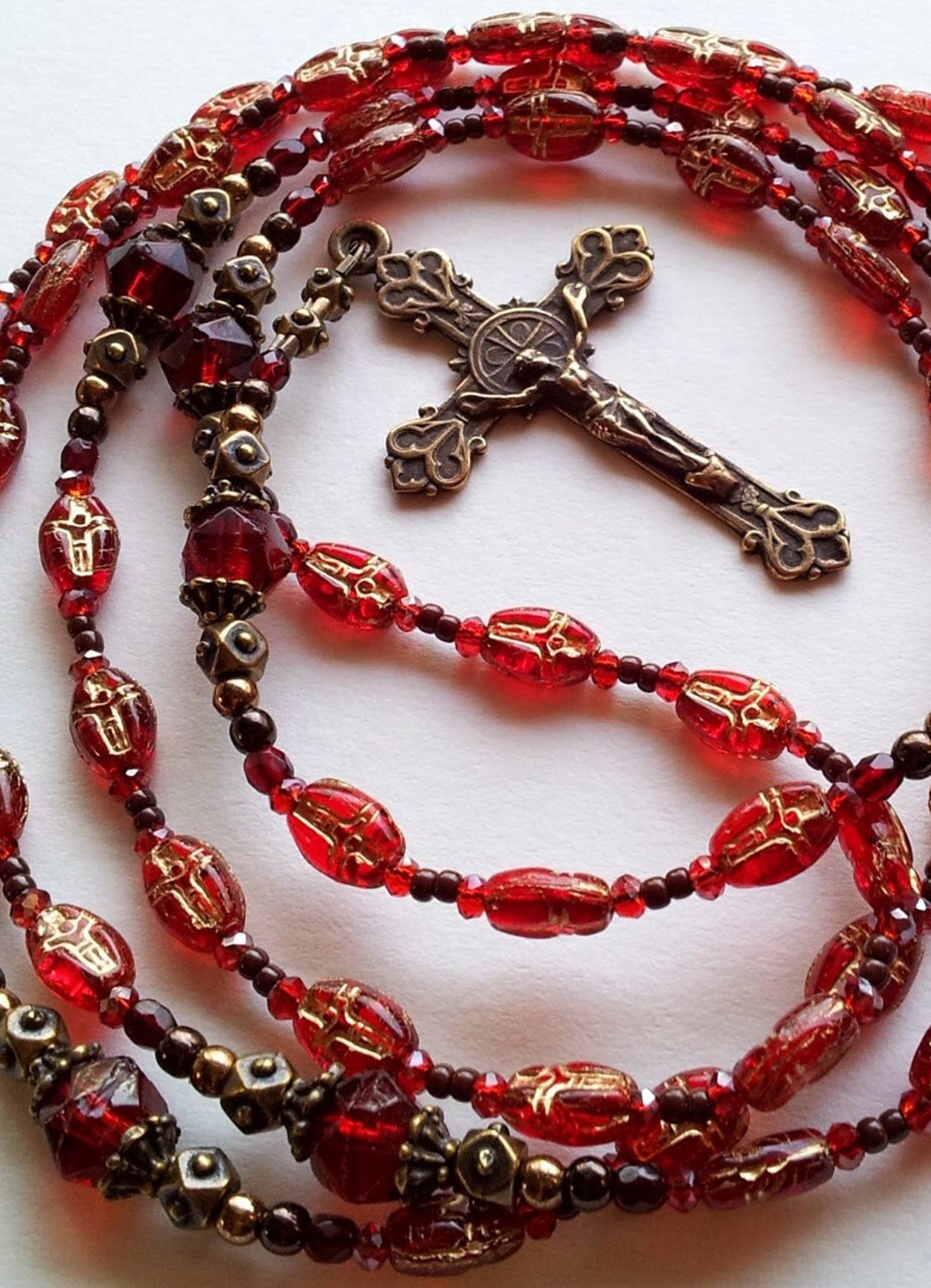 Holy Spirit Giver of Life Rosary - Bronze Crucifix, Center, Red Gold ...