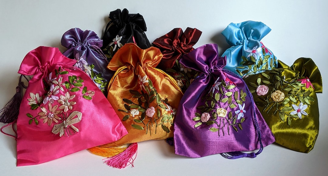 Silk Embroidered Tassel Drawstring Pouch, 7x8.5 In., Asian Floral ...