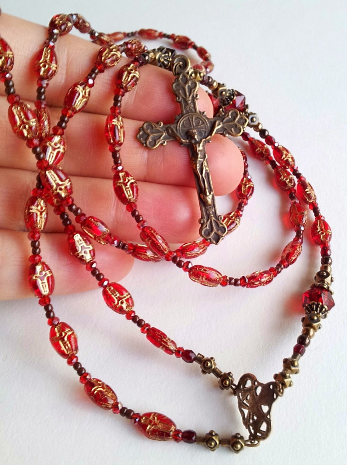 Holy Spirit Giver of Life Rosary - Bronze Crucifix, Center, Red Gold ...