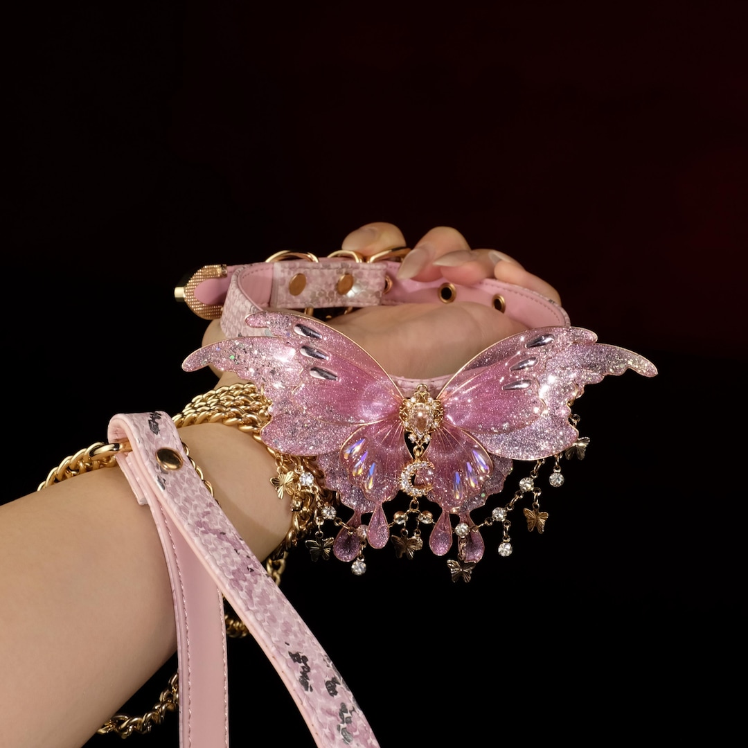 Personal Pink Butterfly BDSM Choker and Leash Set –fetish Collar With ...