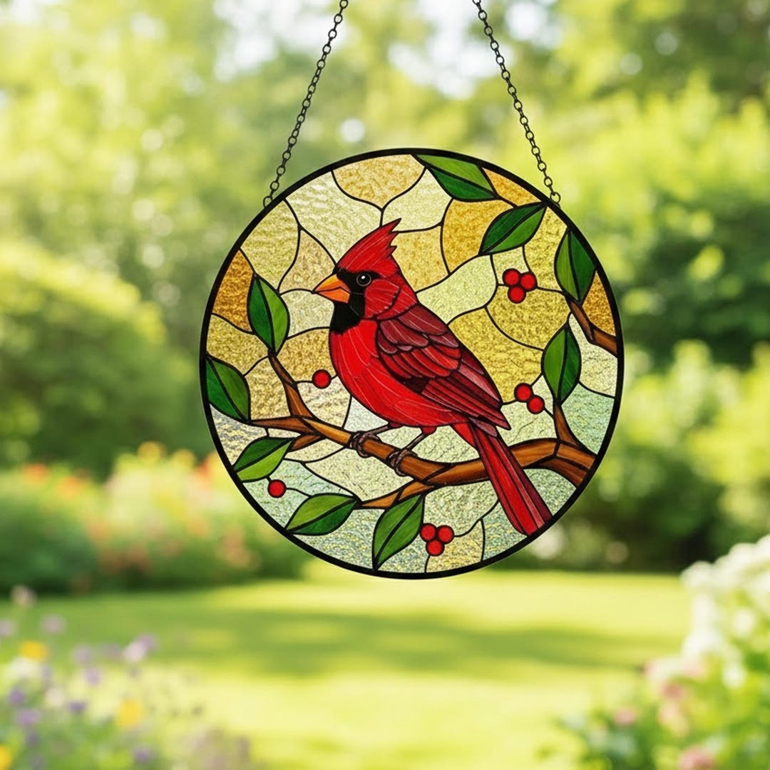 Red Cardinal Stained Glass Suncatcher, Cardinal Window Hanging Red Bird ...