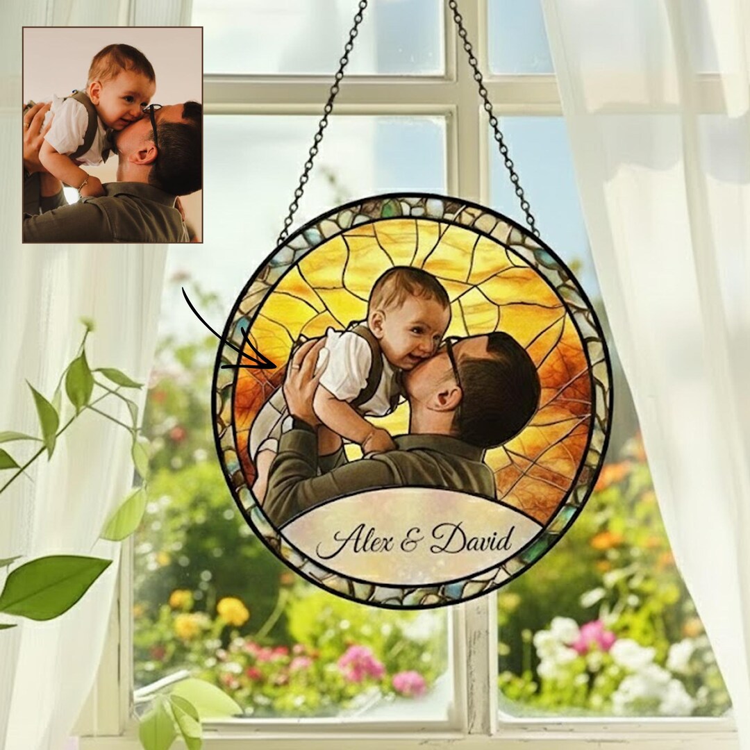 Personalized Photo Suncatcher for Dad, Custom Stained Glass Family ...