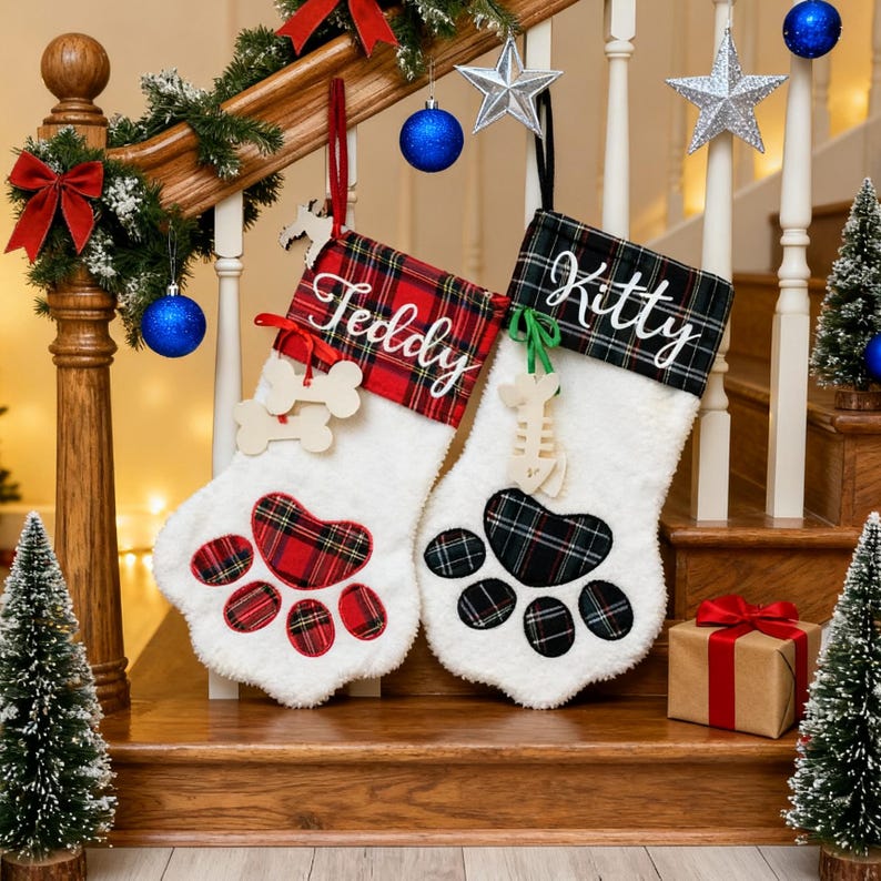 Personalized Paw Shaped Christmas Stockings, Pet Name Gifts, Fireplace ...