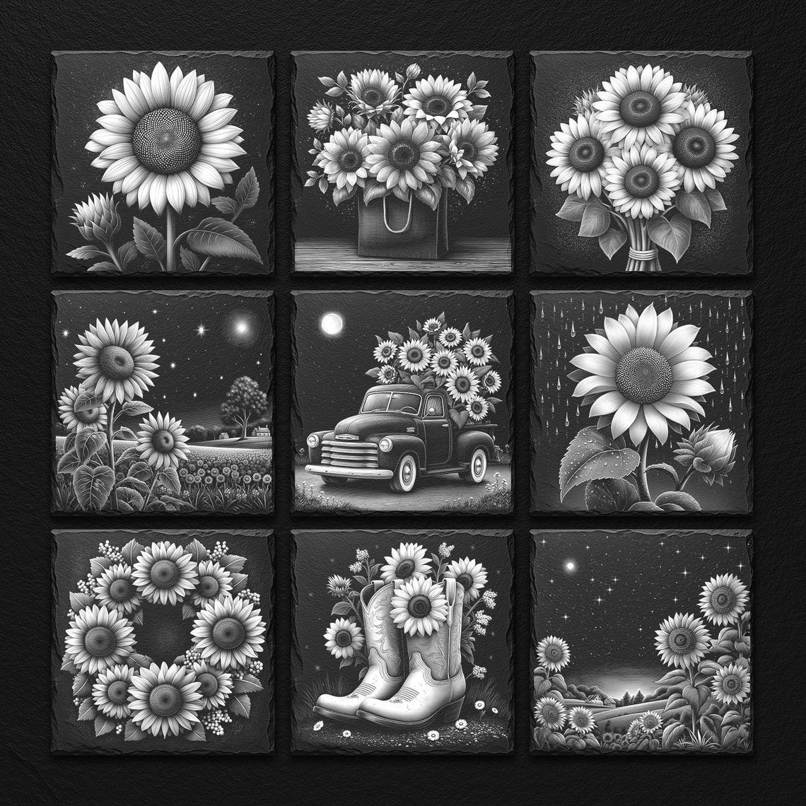 Sunflowers Laser Engraving PNG Bundle: Slate Coaster Designs (digital ...