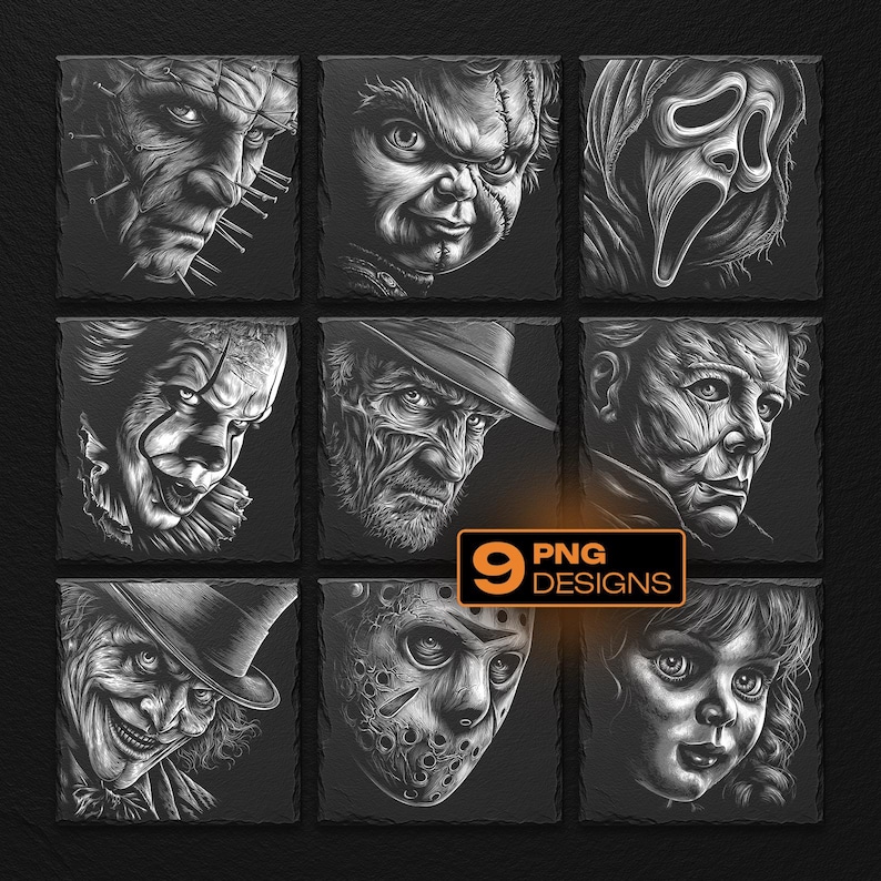 Horror Movie Faces Laser Engraving Files – Slate Coaster PNG Bundle ...