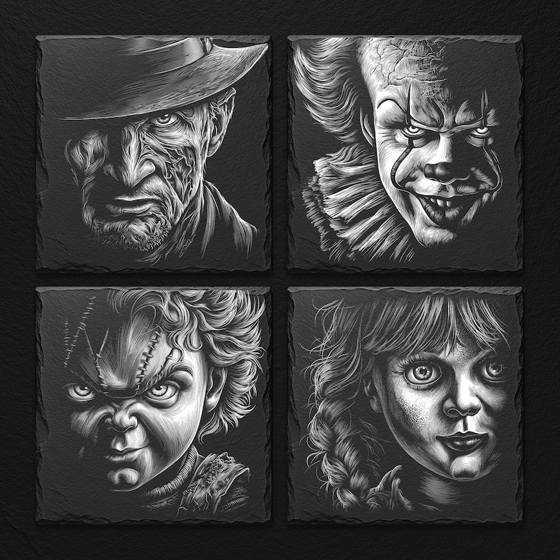 Halloween Horror Movie Faces Laser Engraving PNG Bundle: Slate Coaster ...