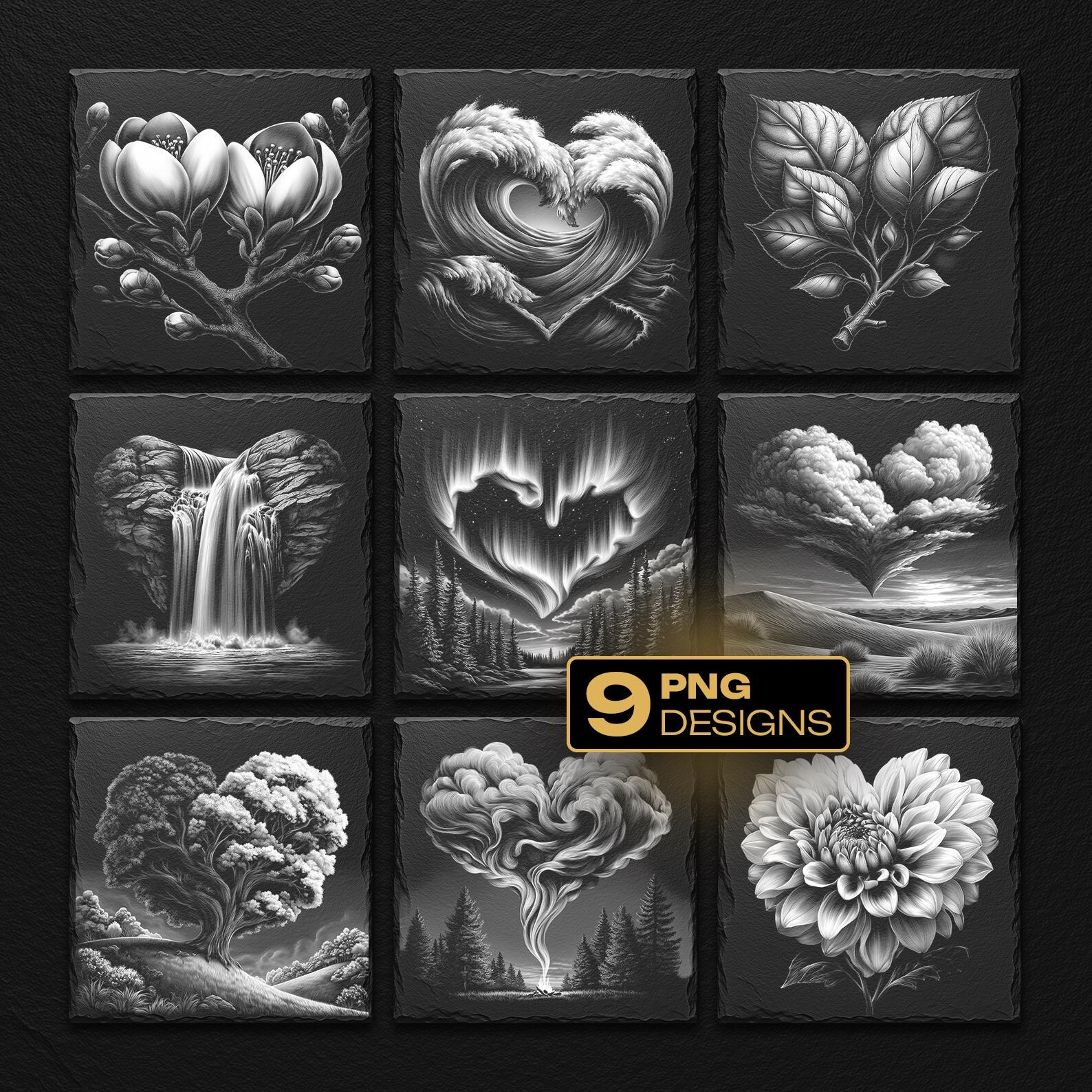 Heart-shaped Nature Scenes Laser Engraving PNG Bundle: Valentine Slate ...