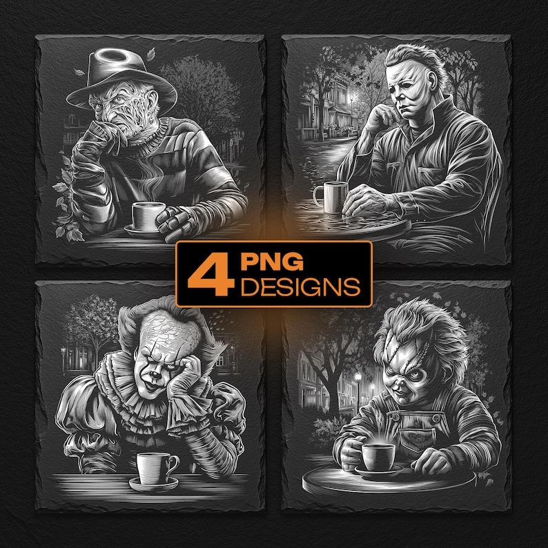 Horror Villains Drink Coffee PNG Bundle, Laser Engraving Files for ...