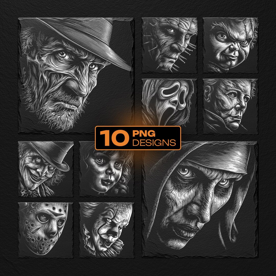 Horror Movie Faces Laser Engraving Files – Slate Coaster PNG Bundle ...
