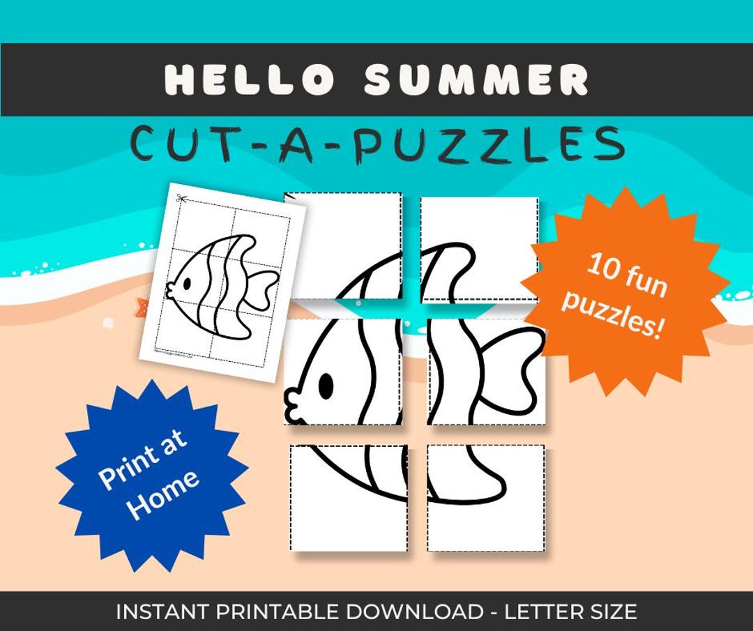 Cut and Paste Summer Puzzle Printable, DIY Puzzle for Kids, Scissor ...