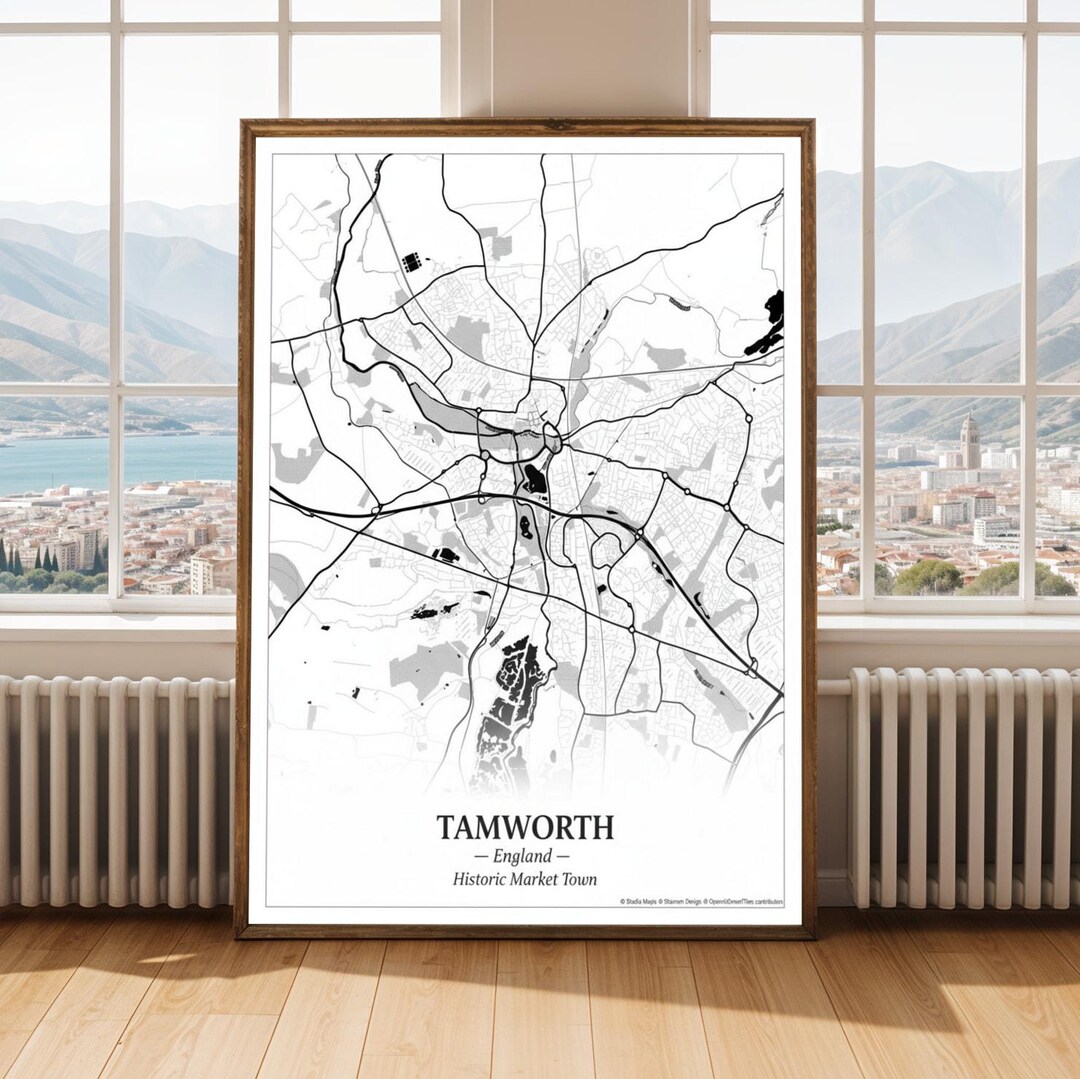 Tamworth England Map Print, Minimal Black and Gray Town Map - Etsy
