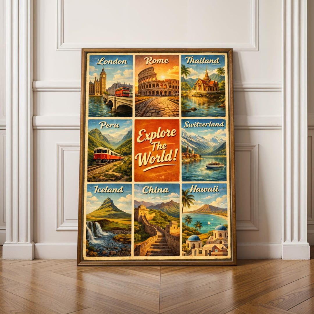 Vintage Travel Poster Collage – Retro World Destinations Wall Art, 9 ...