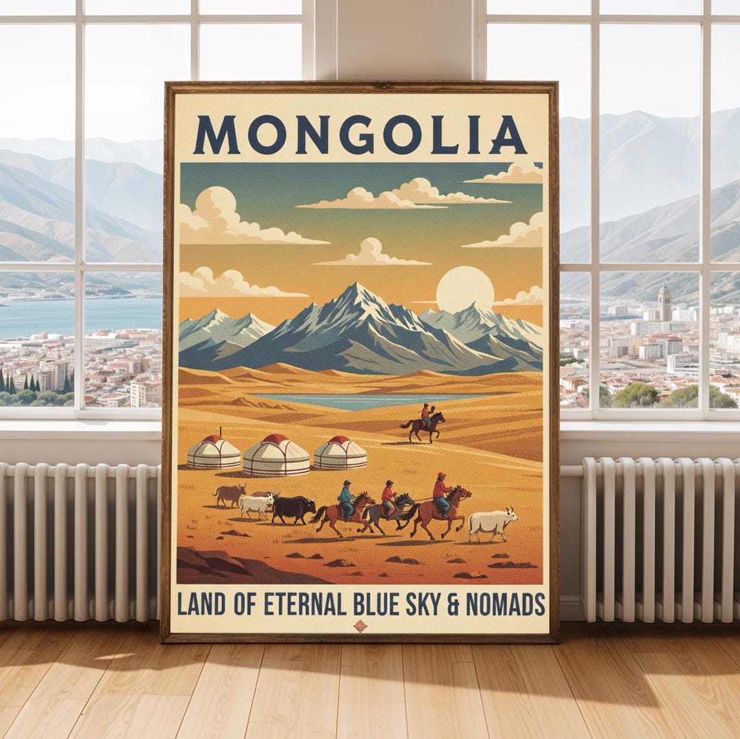 Mongolia Desert Travel Poster Nomads Landscape Vintage Style Nomadic ...