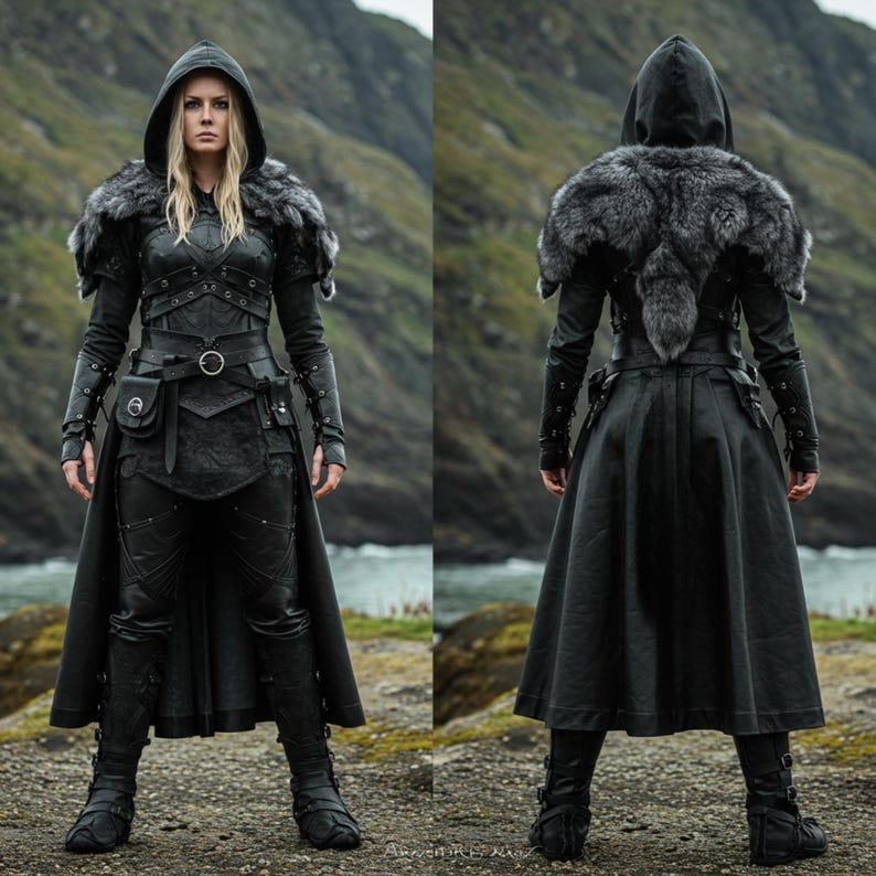 Handmade Viking Huntress Leather Armor: Hooded Fur Cloak, Dark Fantasy ...