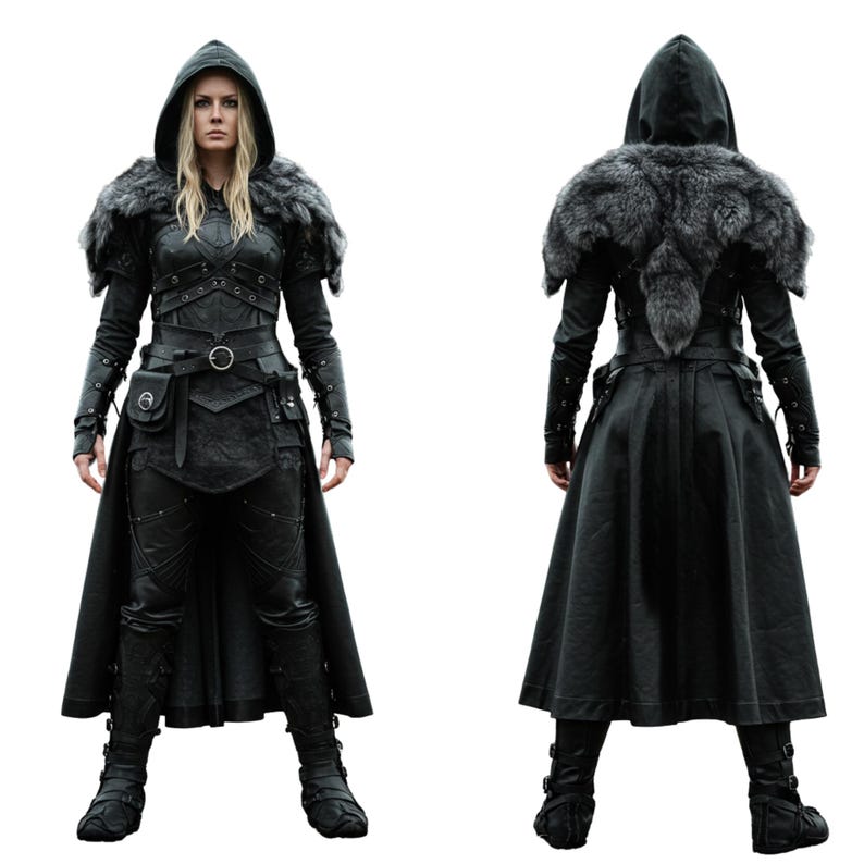 Handmade Viking Huntress Leather Armor: Hooded Fur Cloak, Dark Fantasy ...