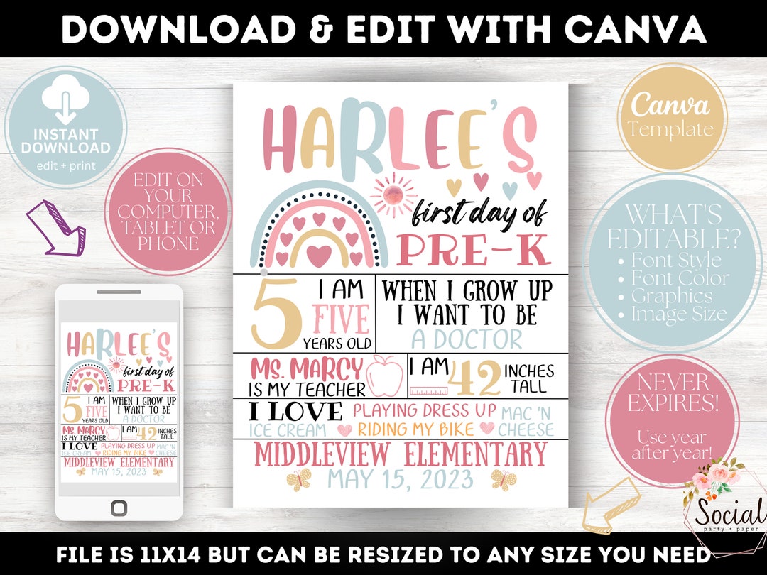 First Day of School Sign: Boho Rainbow Canva Template (digital Download ...