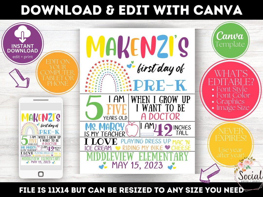 First Day of School Sign: Rainbow Canva Template (digital Download ...