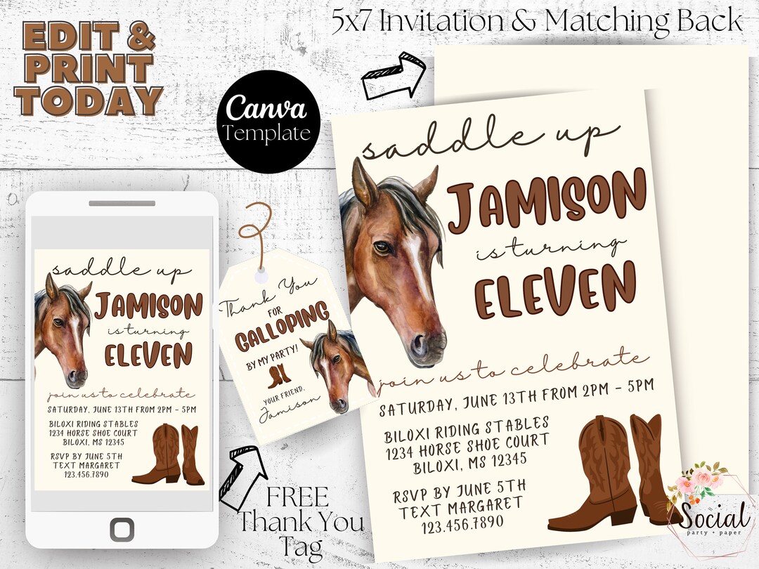 Horse Birthday Invitation: Saddle up Party, Canva Template (digital ...