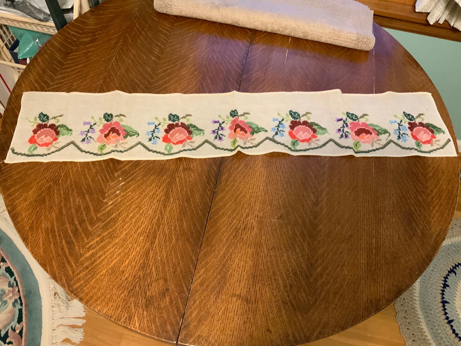 Vintage Embroidered Runner Cross Stitch Flowers Mantel or - Etsy