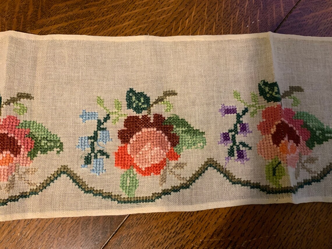 Vintage Embroidered Runner Cross Stitch Flowers Mantel or - Etsy