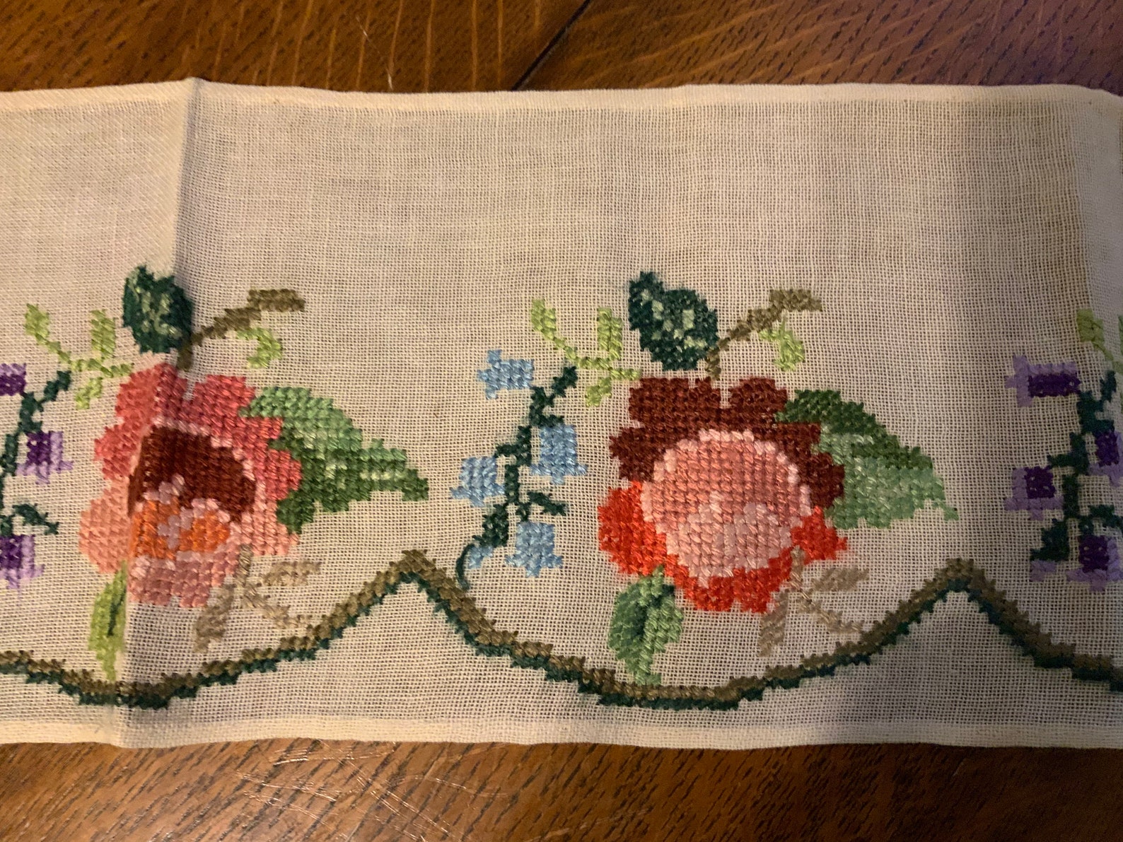 Vintage Embroidered Runner Cross Stitch Flowers Mantel or - Etsy