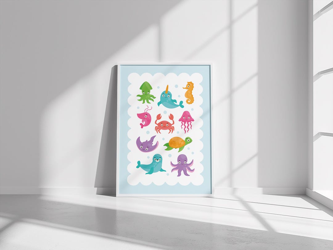 Adorable Ocean Animals Poster, Sea Life Nursery Art, Colorful Marine ...