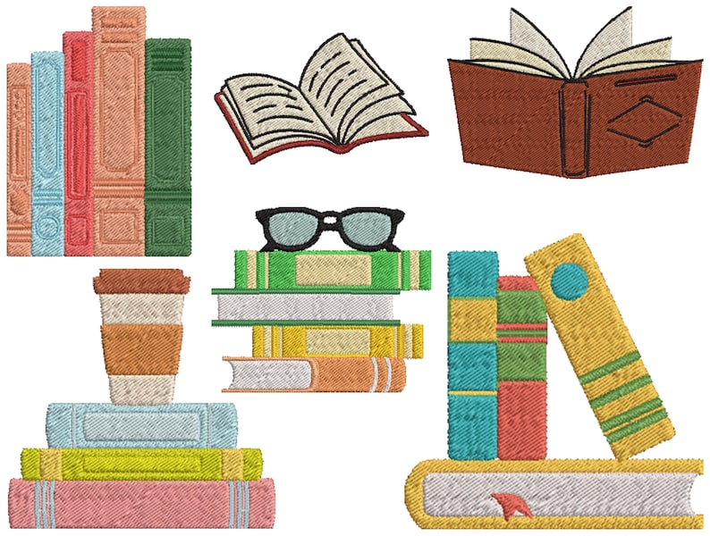 Stack of Books Embroidery Design - Open Book Embroidery Design - Books ...