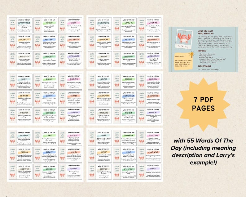 Kids Lunchbox Word of the Day Cards, Learning Lunch Box Note, Learn ...